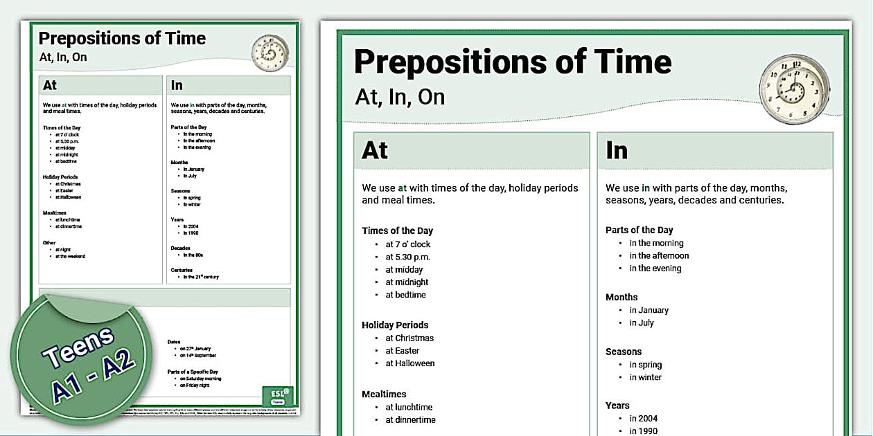 Twinkl's ESL Prepositions of Time Poster for Teens - Twinkl