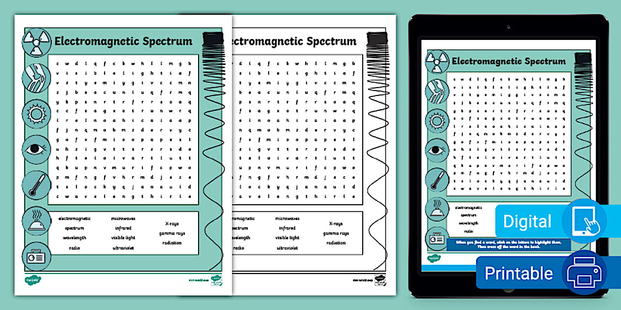 Electromagnetic Spectrum Word Search for 6th-8th Grade