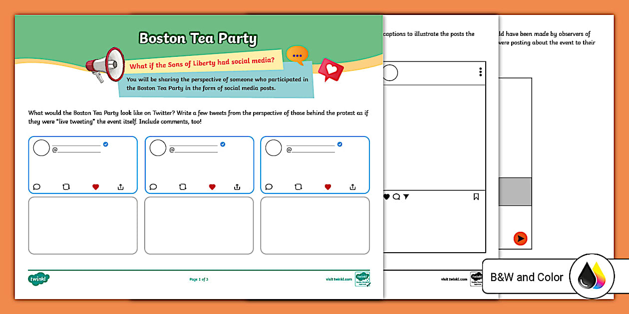 Boston Tea Party Social Media Worksheet for 6th-8th Grade