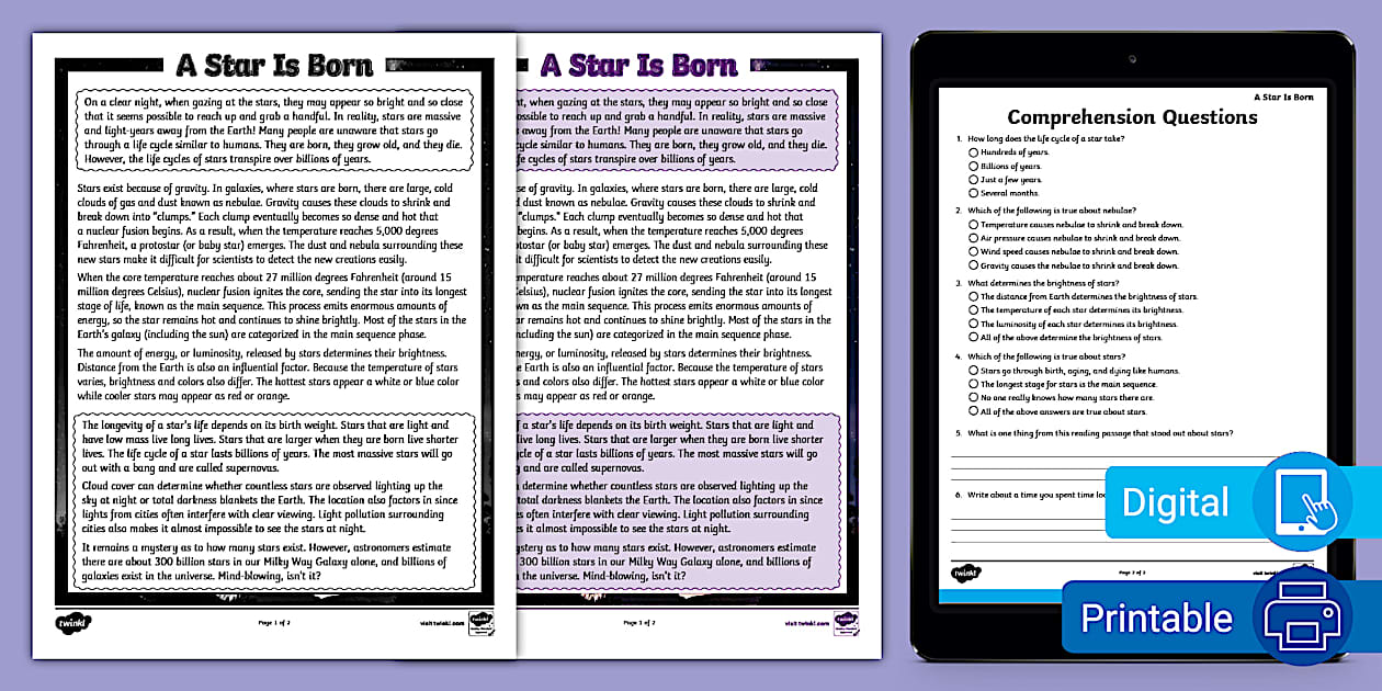 Eighth Grade A Star is Born Reading Comprehension Worksheet