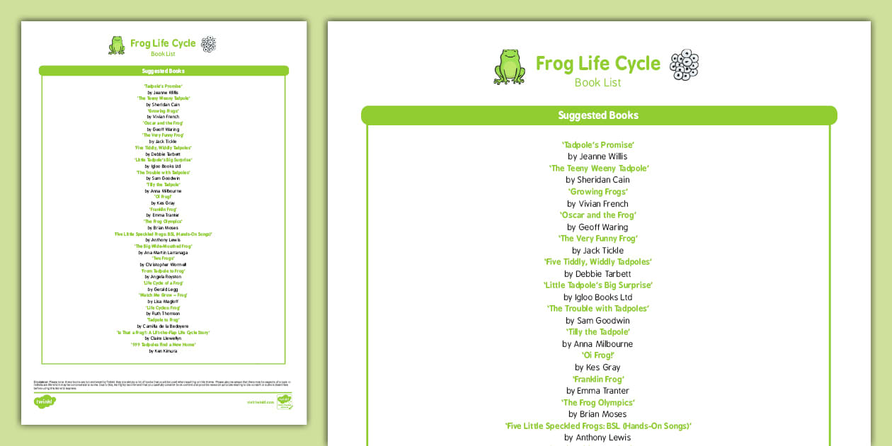 Frog Life Cycle Book List (teacher made) - Twinkl