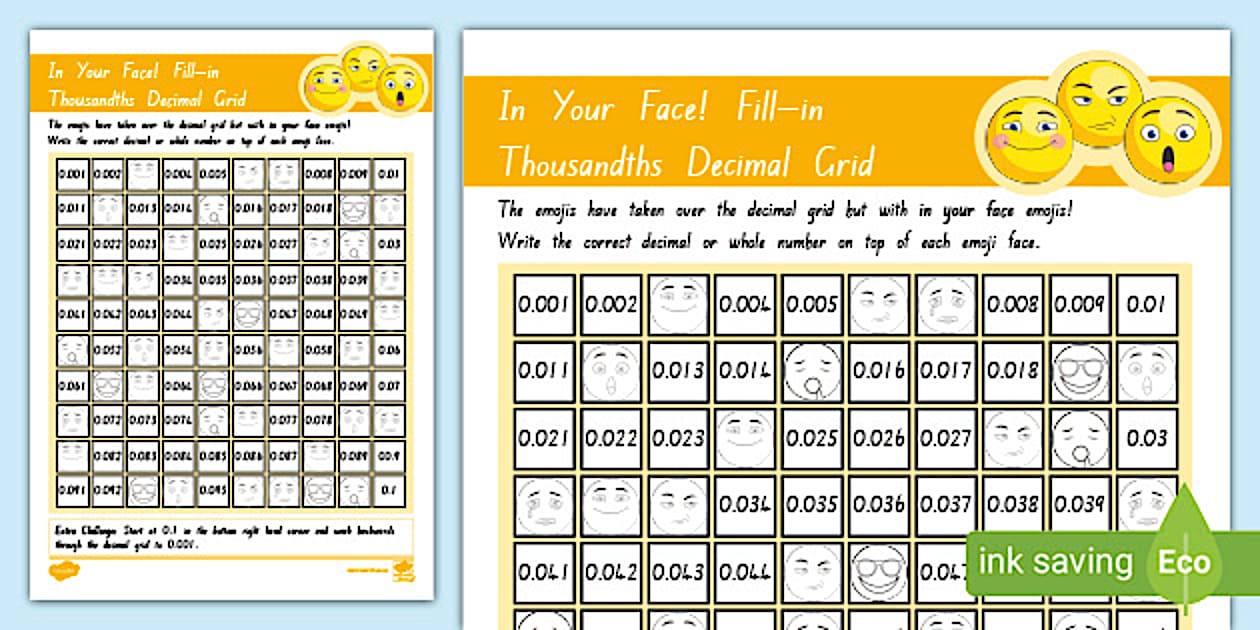 In Your Face! Fill-in Thousandths Decimal Grid (Stage 7)