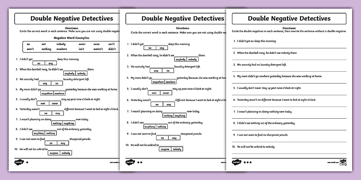 3rd Grade Double Negative Grammar Worksheets | Twinkl USA