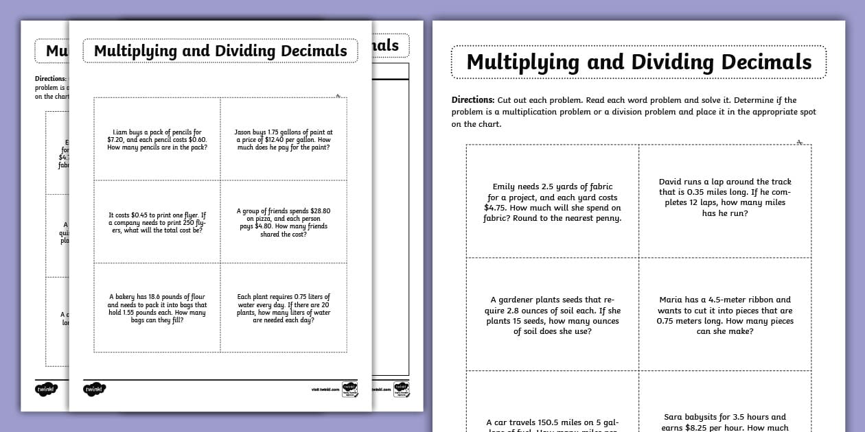 6th Gr Multiplying and Dividing Decimal Problems Sorting