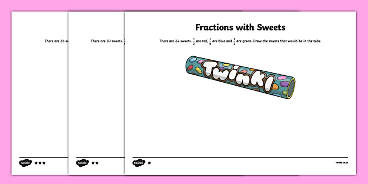 Black and White Year 3 Differentiated Fractions with Sweets Worksheet