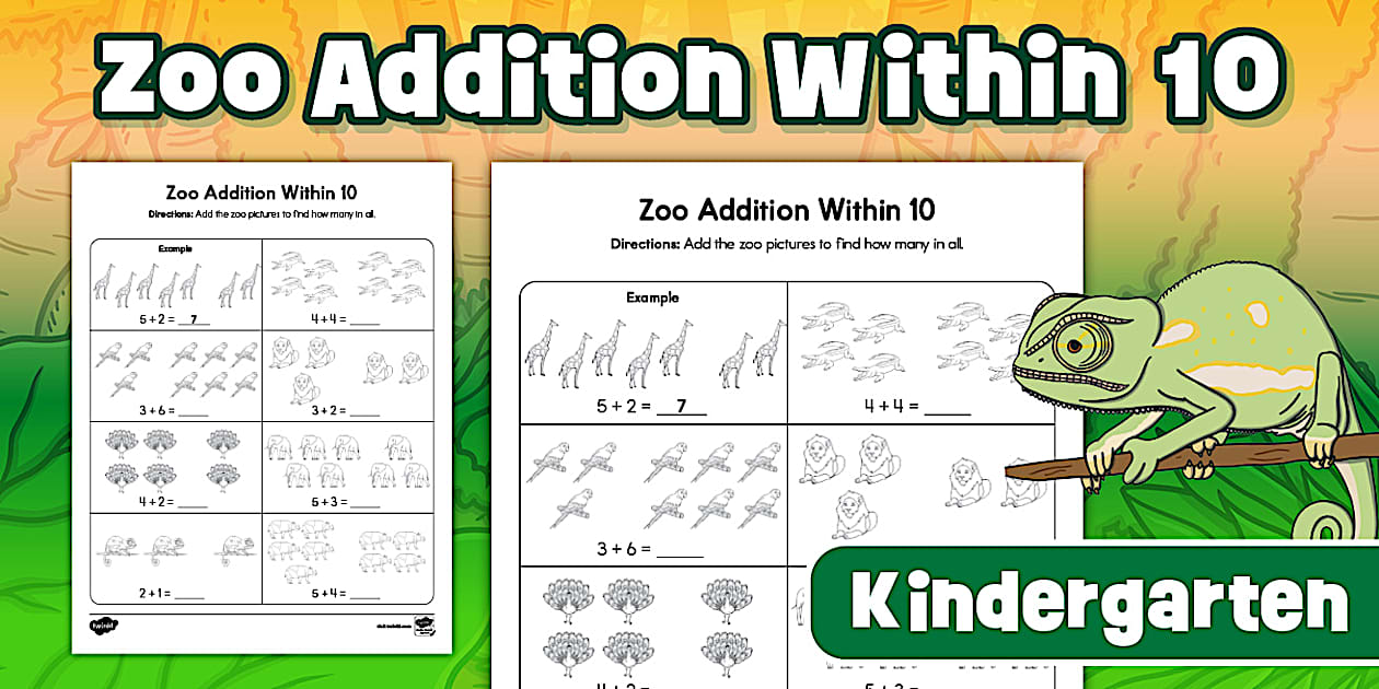 Kindergarten Zoo Addition Within 10 Worksheet