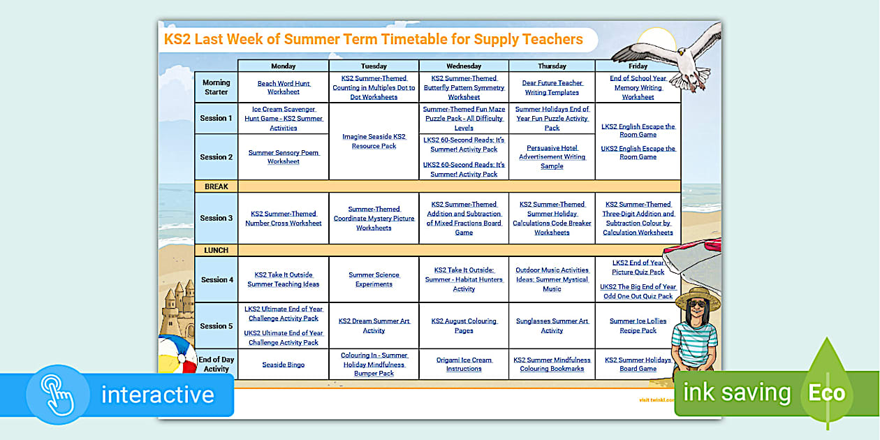 KS2 End of Summer Term Activity Timetable for Supply Teacher