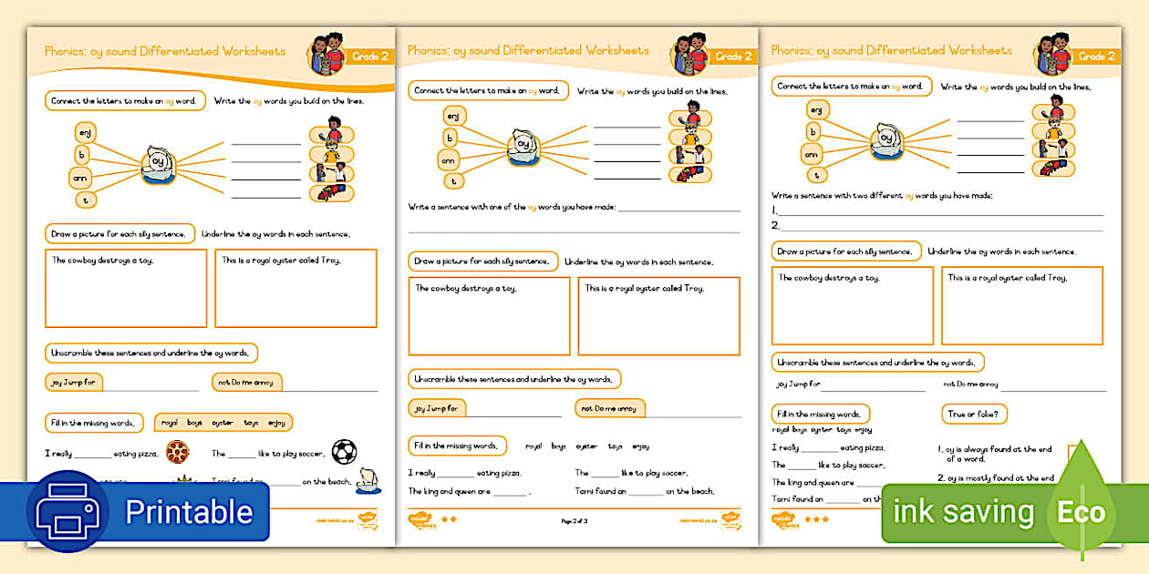 Grade 2 Phonics: oy - Differentiated Worksheets - Twinkl