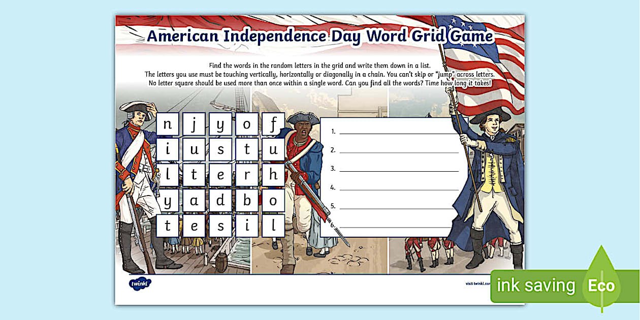 American Independence Day Word Grid Game (teacher made)