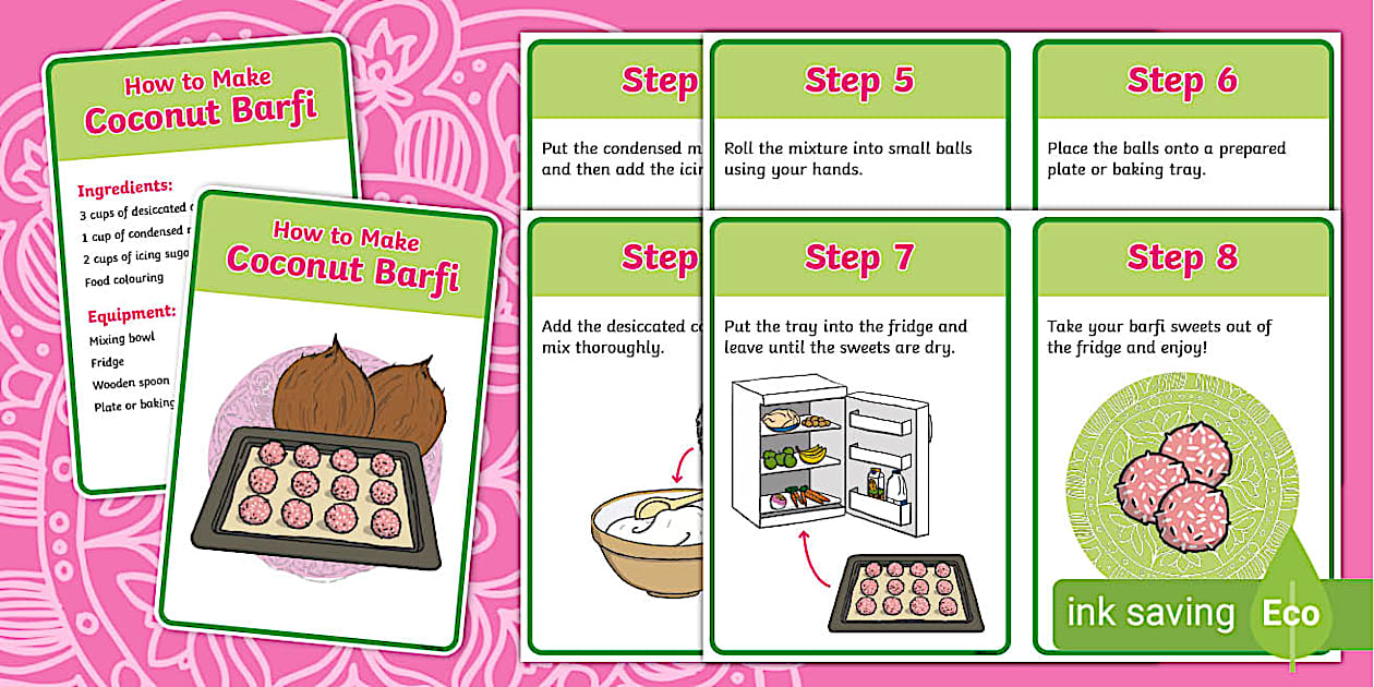 How to Make Coconut Barfi Recipe Instruction Cards - Twinkl