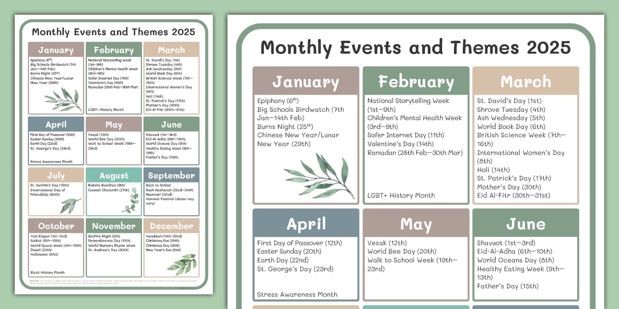 Editable Botanical Monthly Events and Themes Planner 2025