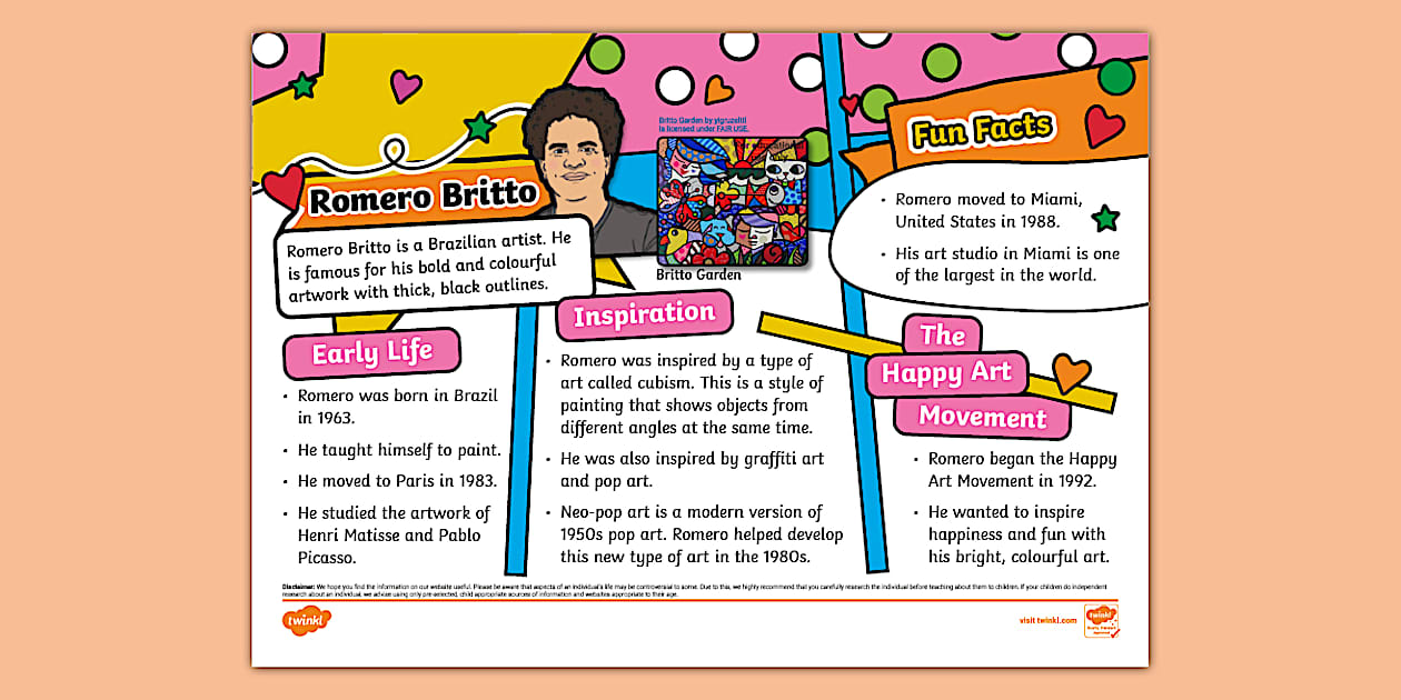 KS1 Romero Britto Fact File (l'enseignant a fait) - Twinkl