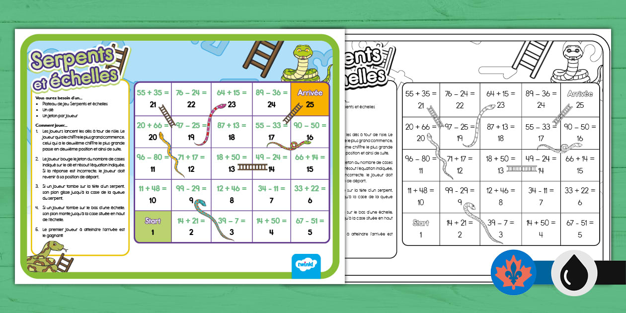 Snakes and Ladders Addition and Subtraction Within 100 Board Game French