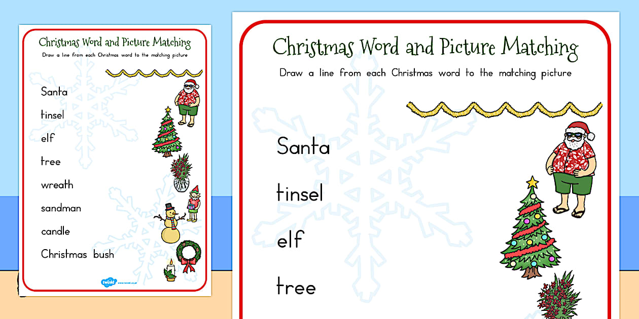 Black and White Christmas Word and Picture Matching Activity