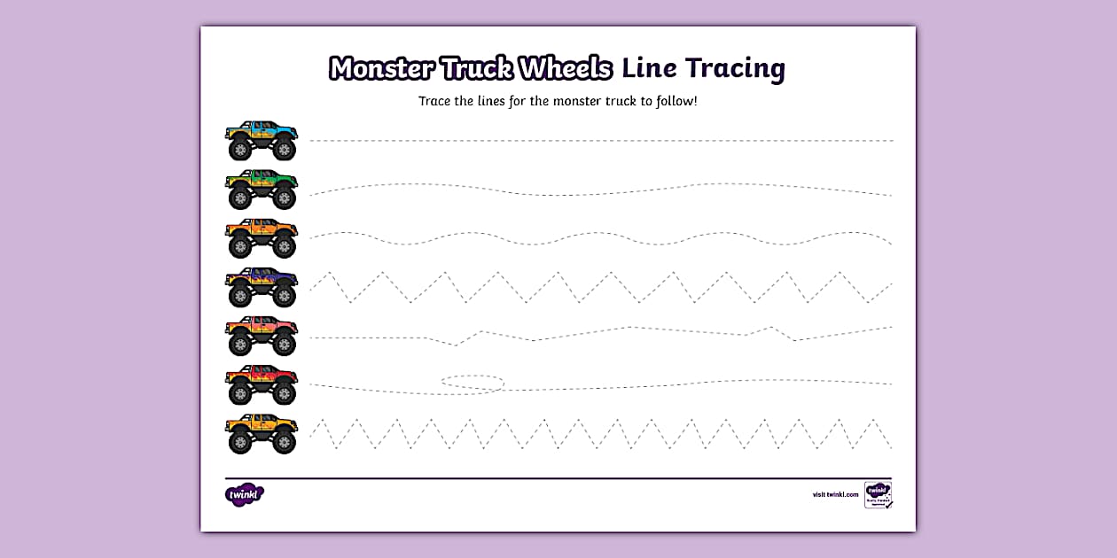 Monster Truck Wheels Line Tracing (teacher made) - Twinkl
