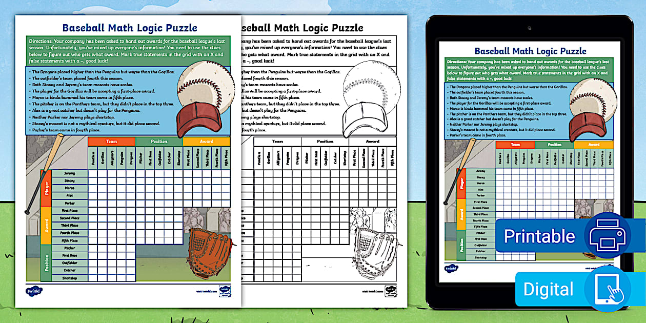 Sixth Grade Baseball Math Logic Puzzle (teacher made)