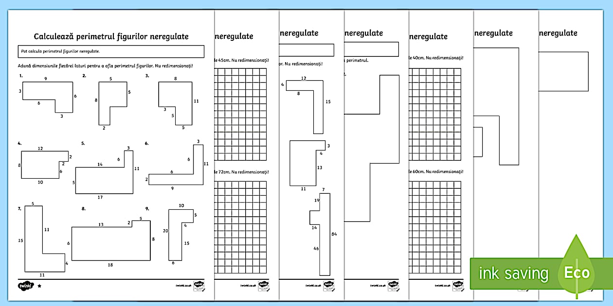 Calculează perimetrul figurilor neregulate - Fișe de lucru