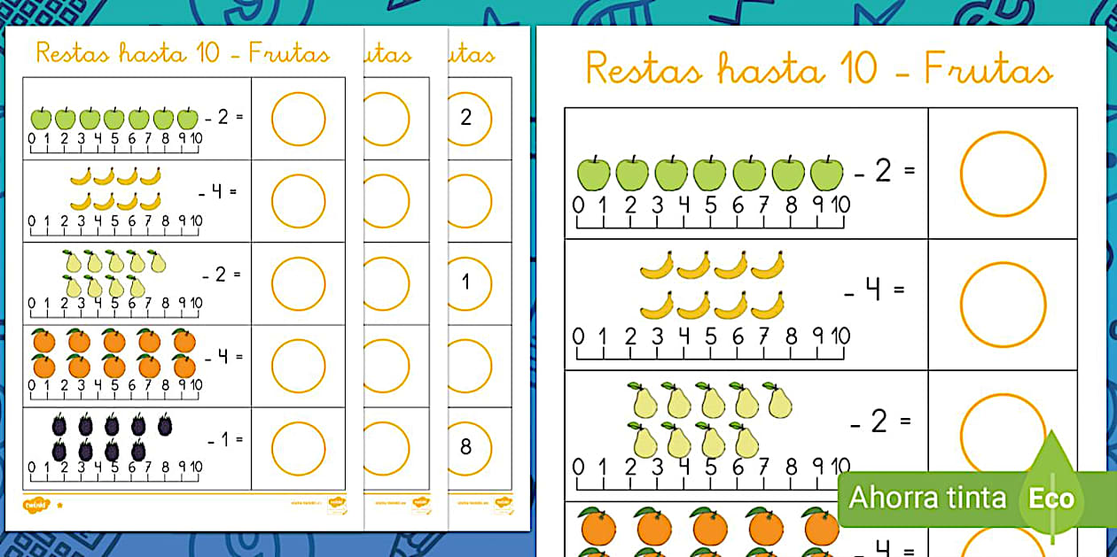 Ficha de actividad por niveles: Restas hasta 10 - Frutas