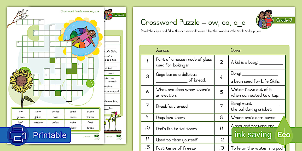 Grade 3 Phonics ow, oa, o_e Crossword Puzzle (teacher made)