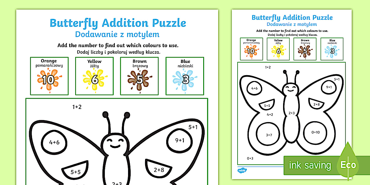 Butterfly Addition Puzzle Polish Translation English/Polish - Butterfly