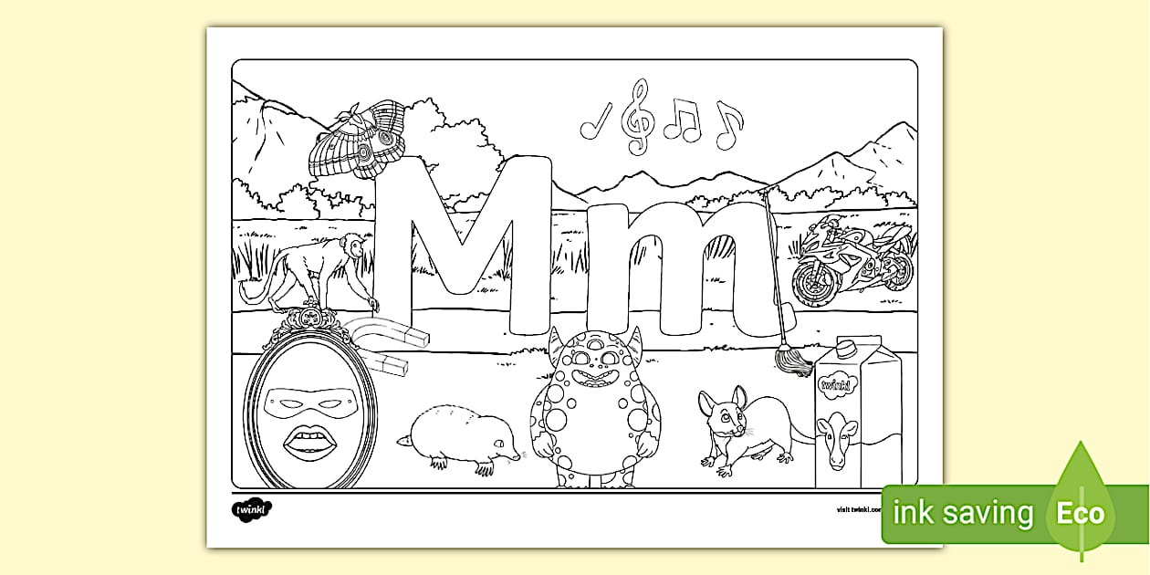 M Sound Loaded Colouring Sheet, M Sound, Letter M - Twinkl