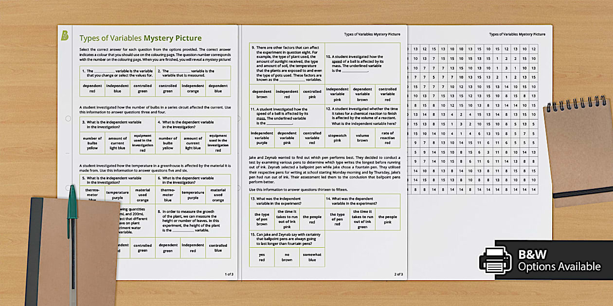 Types of Variables Mystery Picture Worksheet | Twinkl