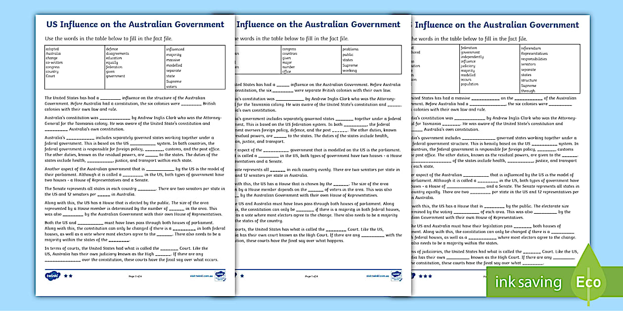 US Influence on the Australian Government Cloze Activity