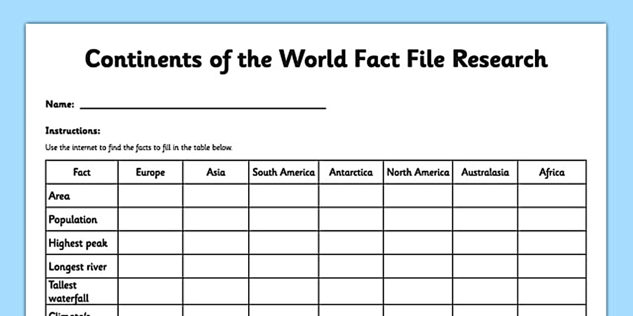 Continents of the World Fact File Research Worksheet / Worksheet