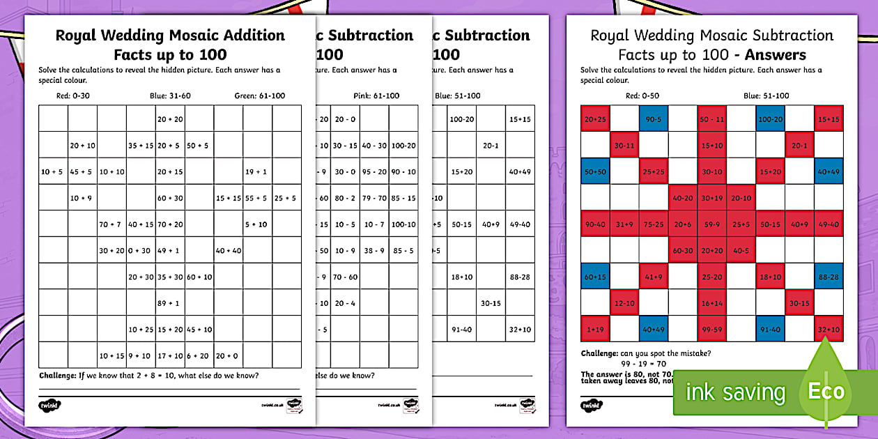 KS1 Royal Wedding Addition and Subtraction Facts up to 100 Maths Mosaic