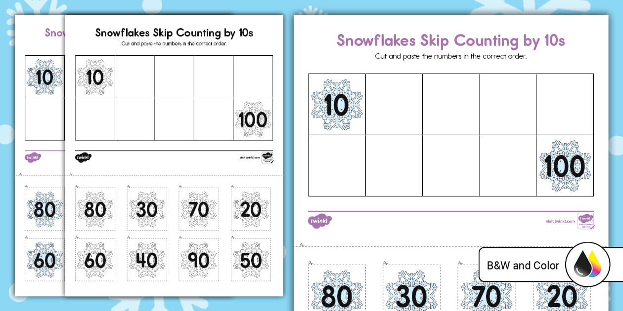 Snowflakes Skip Counting by 10s Cut and Paste Worksheet