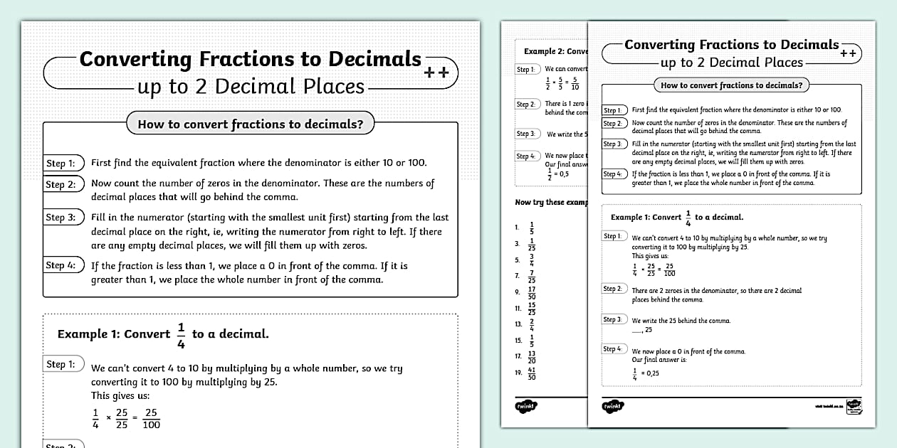 Converting Fractions to Decimals up to 2 Decimal Places Activity Sheet