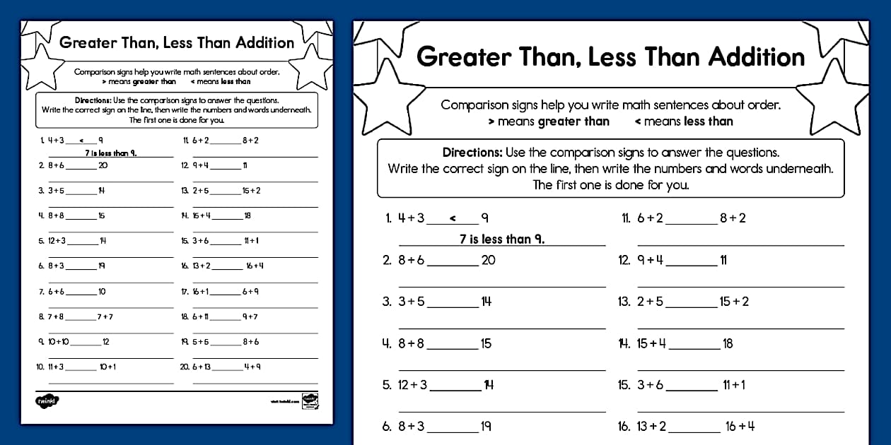 Second Grade Greater Than, Less Than Addition Worksheet