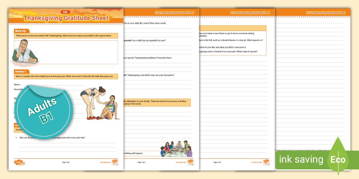 ESL Thanksgiving:Gratitude Writing Prompt Sheet [Adults, B1]