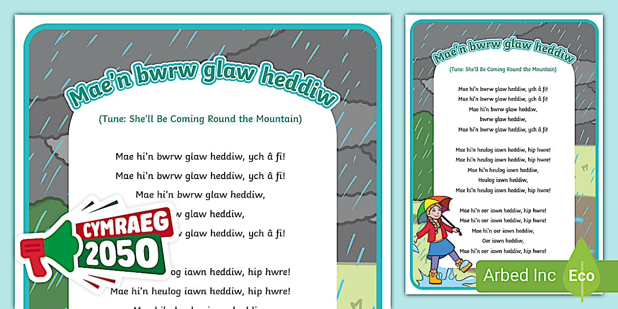 Editable It's Raining Today Song Lyrics - Welsh - Twinkl