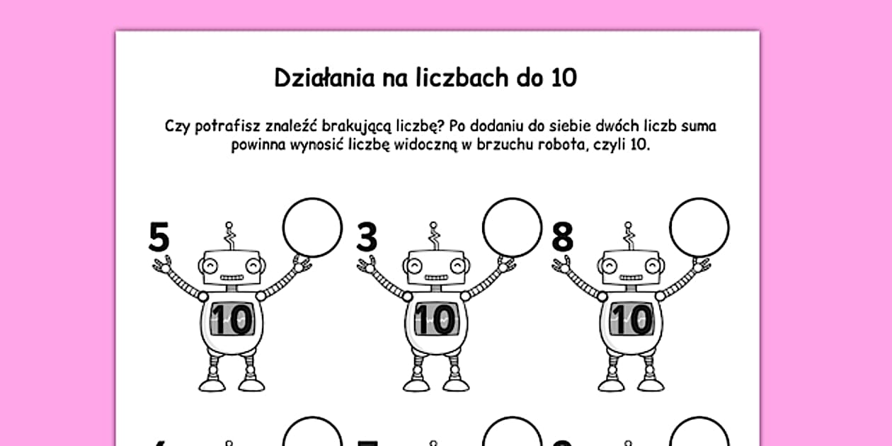 Arkusz Liczby na robotach dodawanie 1-10 po polsku - Twinkl