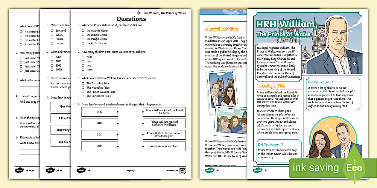 LKS2 Prince William (The Prince of Wales) Reading Activity