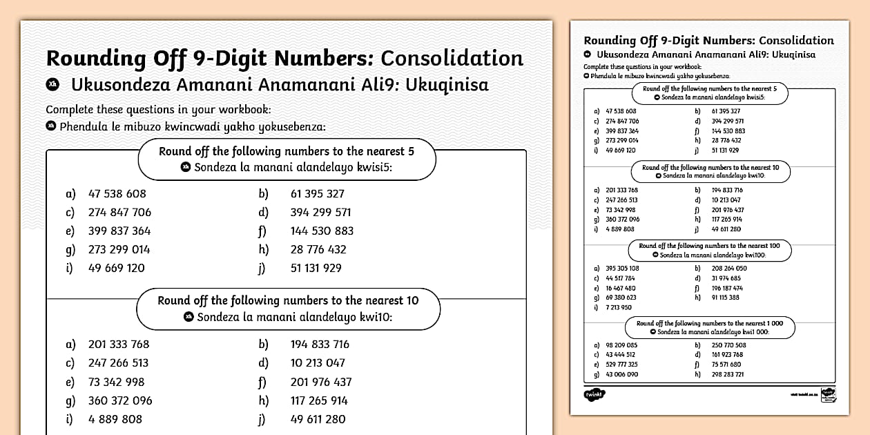 Rounding Off 9-Digit Numbers - Consolidation Activity Sheet IsiXhosa