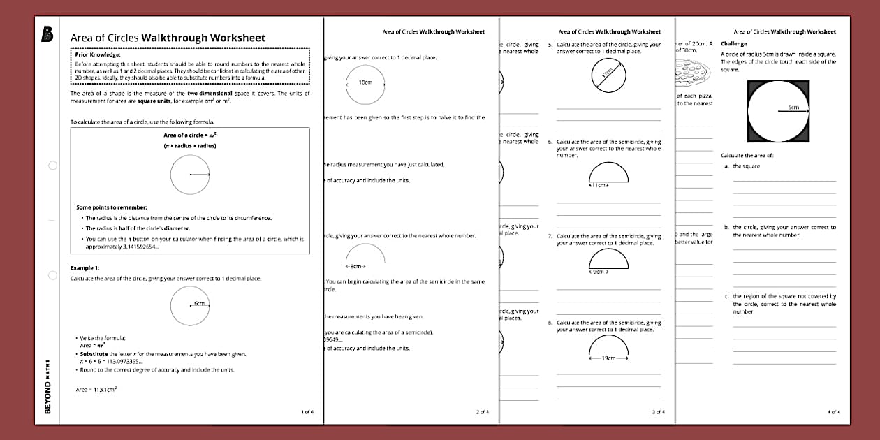 Area of Circles Walkthrough Worksheet - Beyond Maths