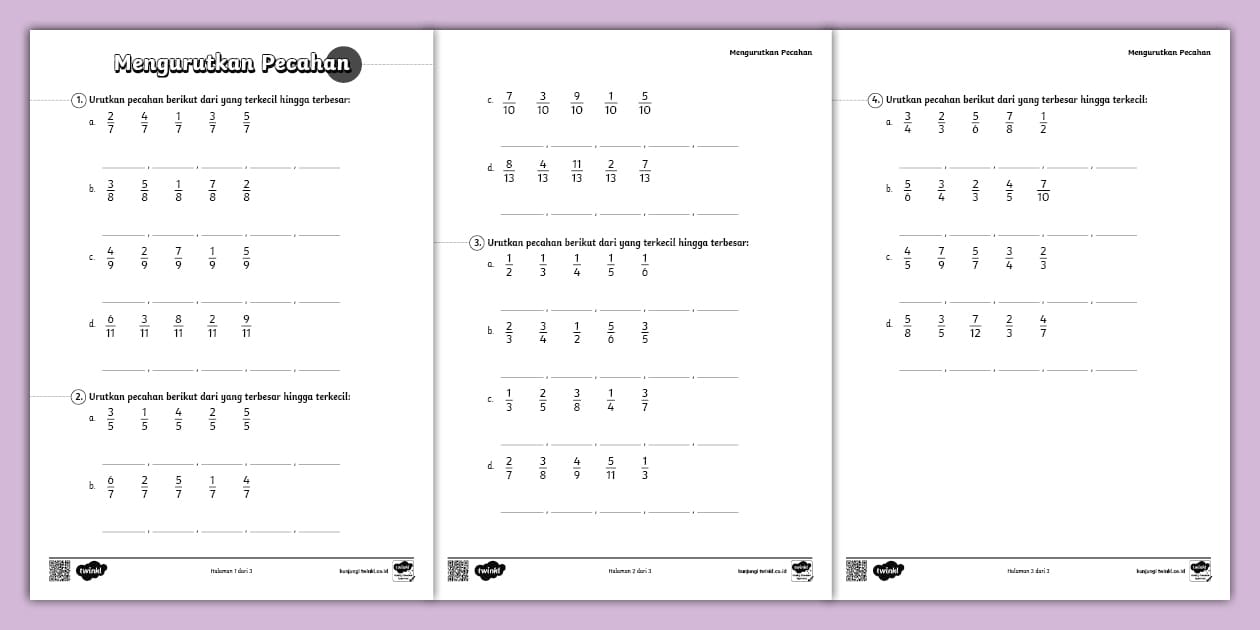 Lembar Soal Mengurutkan Pecahan (Lehrer gemacht) - Twinkl