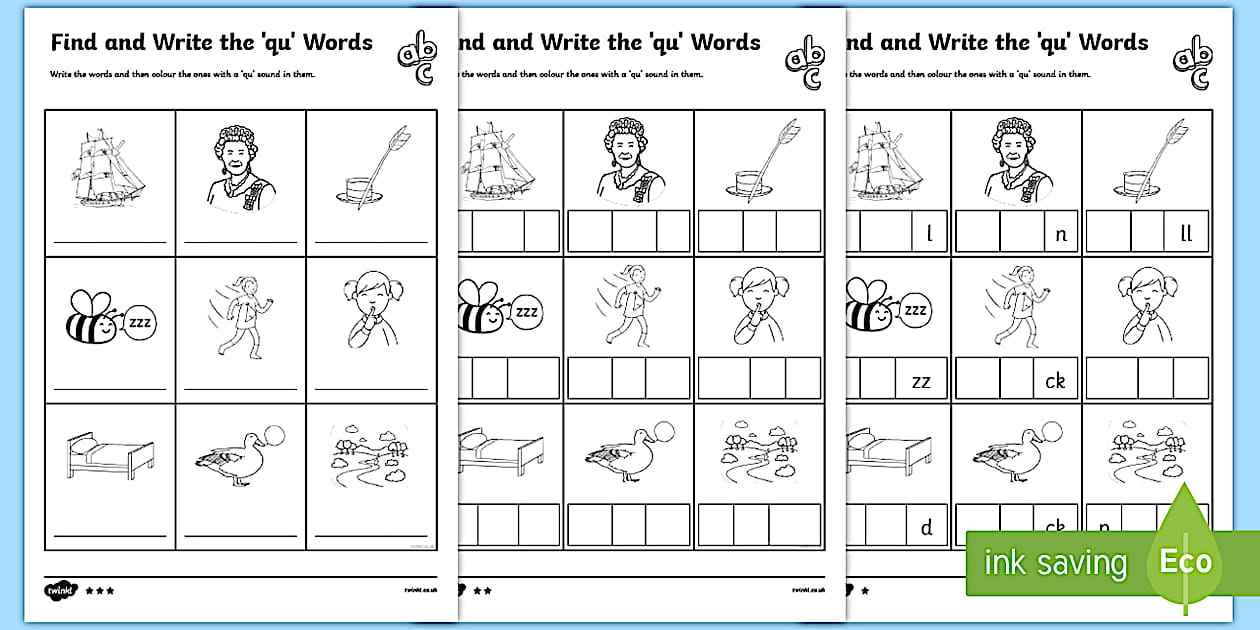 Precursive Find and Write 'qu' Words: Phonics Worksheets