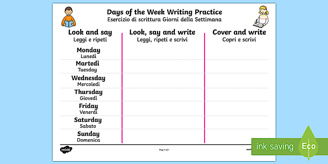 Days of the Week English/Italian Writing Worksheet - Twinkl