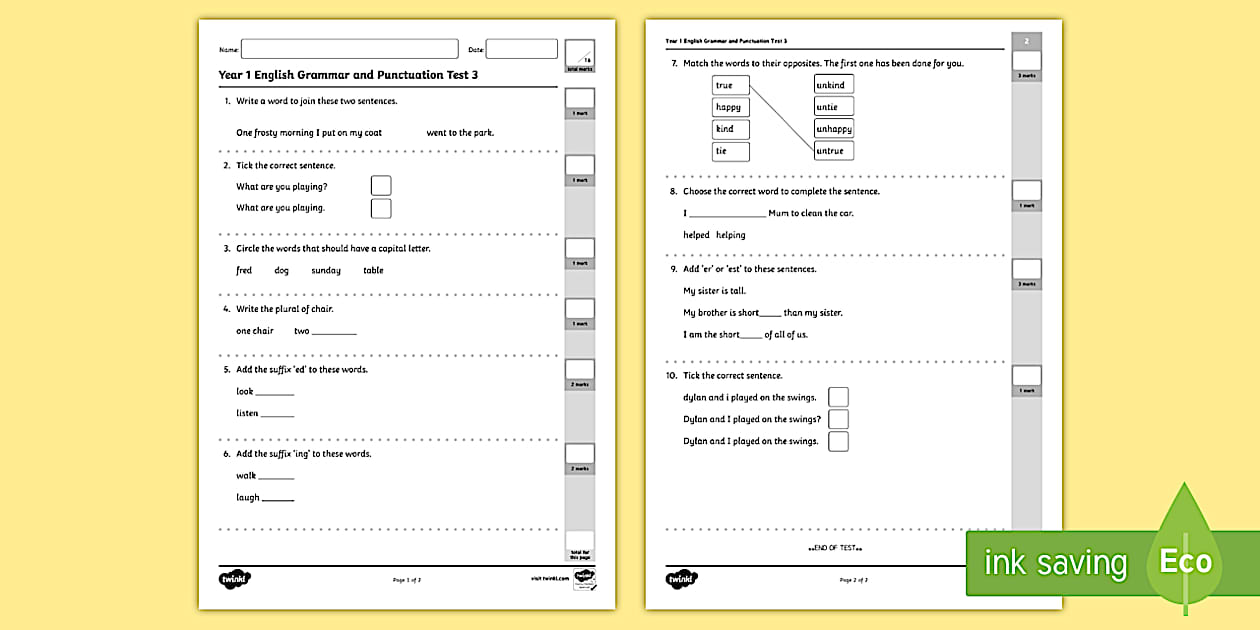 Editable Year 1 English Grammar and Punctuation Test 3