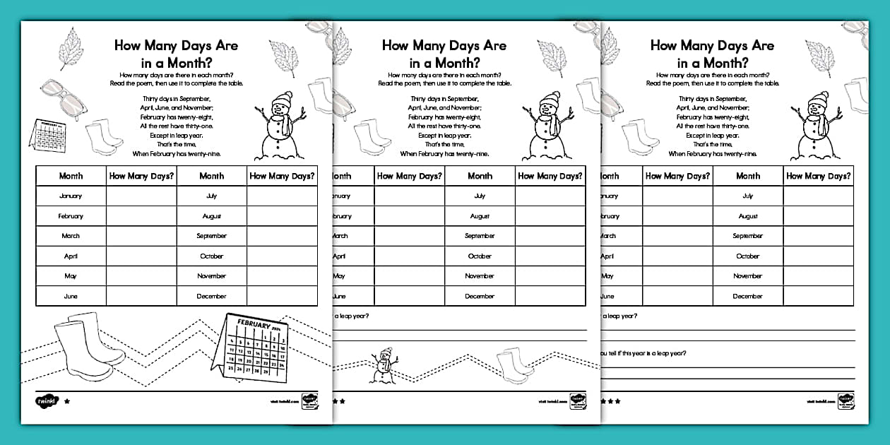 How Many Days Are in a Month? Worksheet for K-2nd Grade