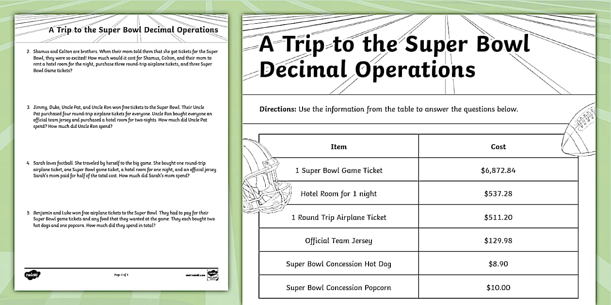 Sixth Grade A Trip to the Super Bowl Decimal Operations Worksheet