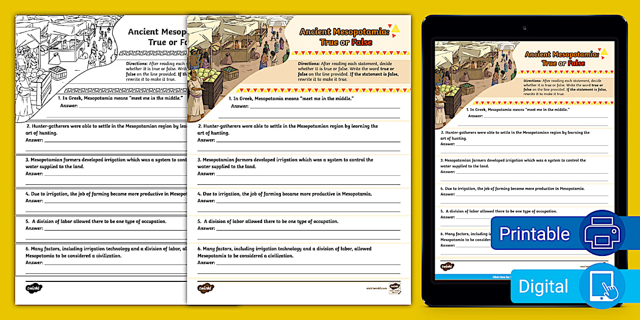 Ancient Mesopotamia True or False Assessment for 6th-8th Grade
