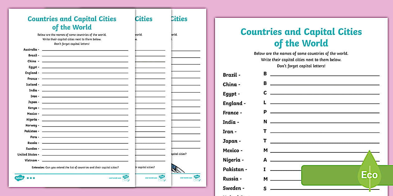 Capitals and Countries Around the World Worksheet - Twinkl