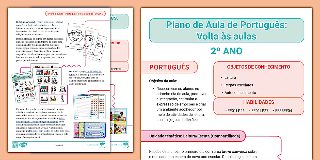 Plano de aula 2º ano - Português: Volta às aulas - Twinkl
