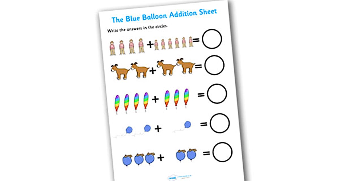 Black and White The Blue Balloon Addition Sheet - Twinkl