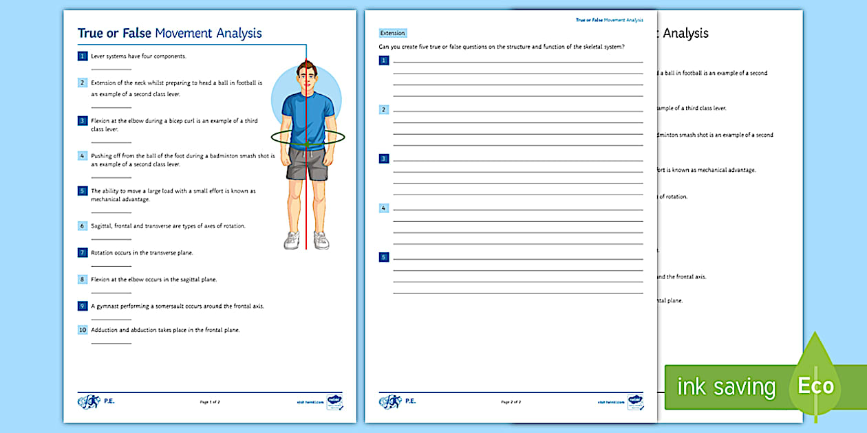 GCSE PE: Movement Analysis True or False Worksheet - Twinkl