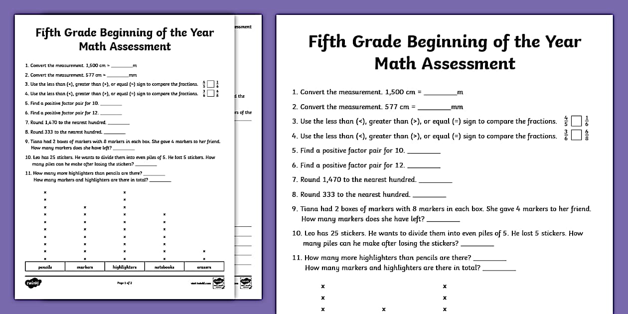 Fifth Grade Beginning of the Year Math Assessment - Twinkl